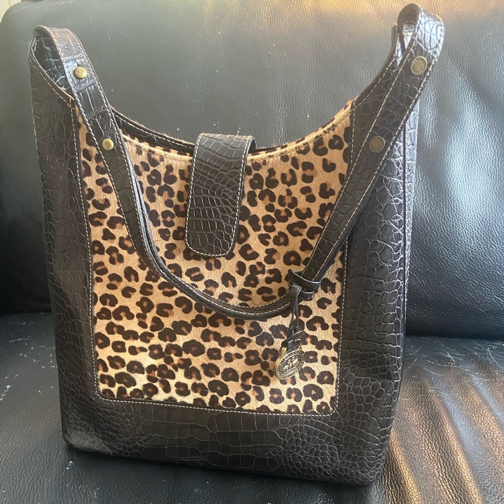 Brahmin Leopard Print And Black Leather Shoulder Bag - Gem